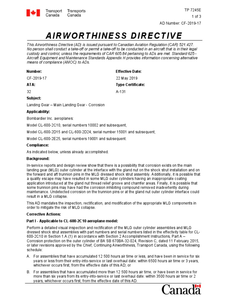Airworthiness Directive: Number: Ata: Effective Date: Type Certificate ...