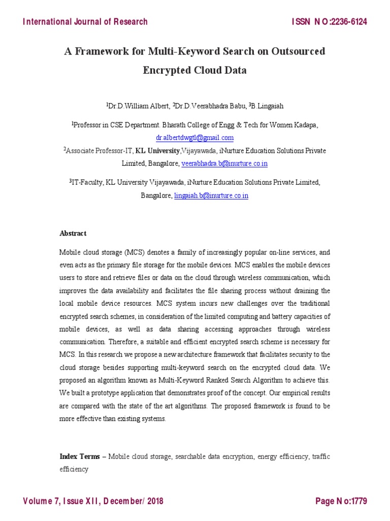A Framework For Multi-Keyword Search On Outsourced Encrypted Cloud Data | PDF | Encryption ...