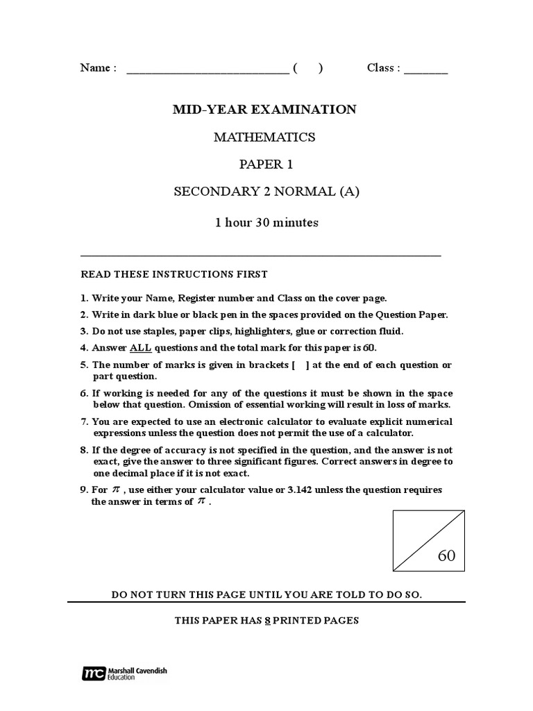 Mid-Year Examination: Mathematics Paper 1 Secondary 2 Normal (A) 1 Hour ...
