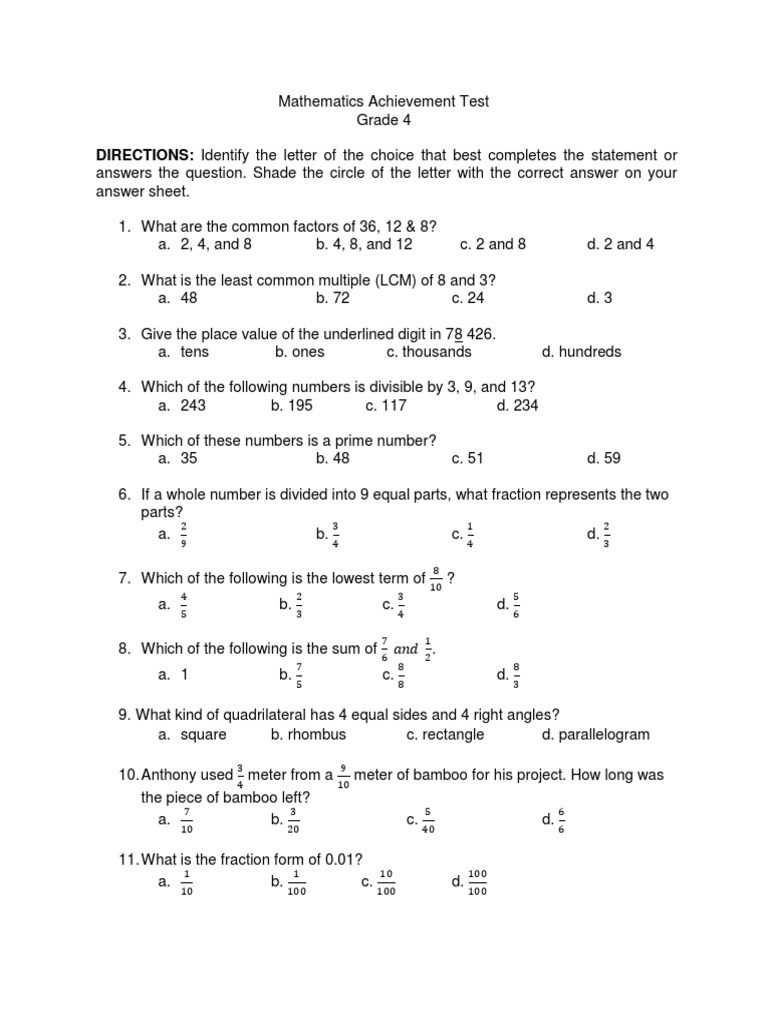 Mathematics Achievement Test Grade 4 | PDF | Rectangle | Euclidean Geometry