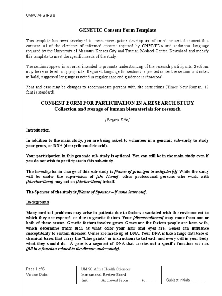 GENETIC Consent Form Template: Umkc Ahs Irb # | PDF | Institutional ...