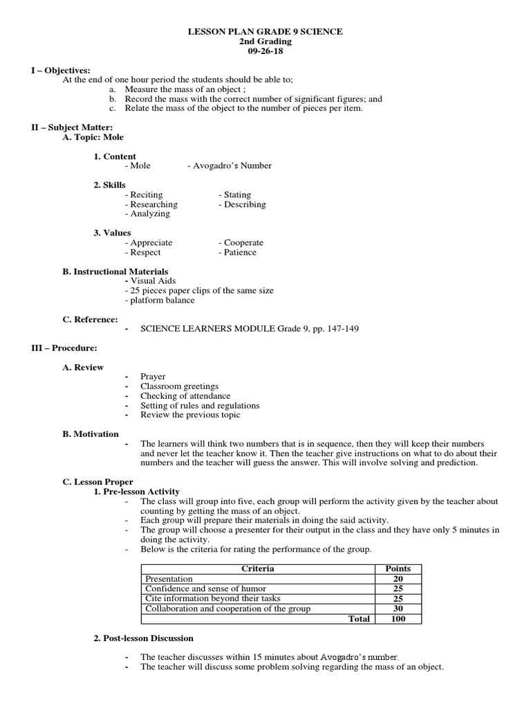 Lesson Plan Grade 9 Science | PDF | Lesson Plan | Mole (Unit)
