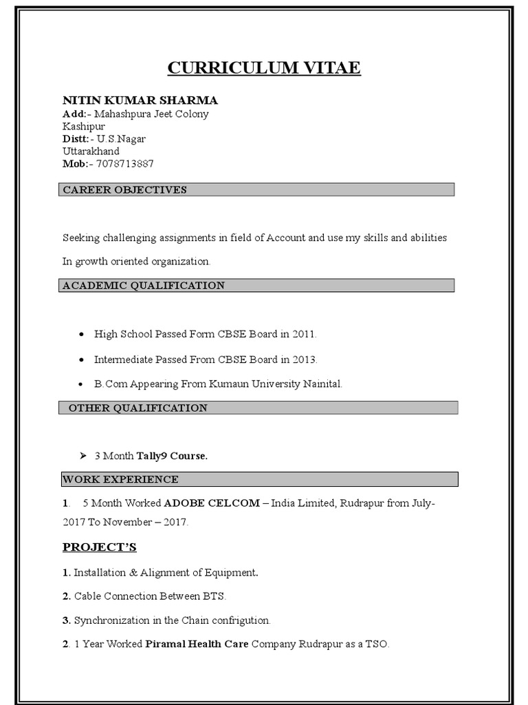 Nitin Kumar Sharma CV and Career Goals | PDF