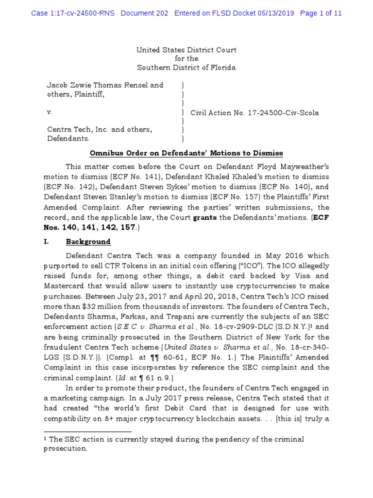 Omnibus Order On Motion To Dismiss - Mayweather, Khaled, Sykes, Stanley ...