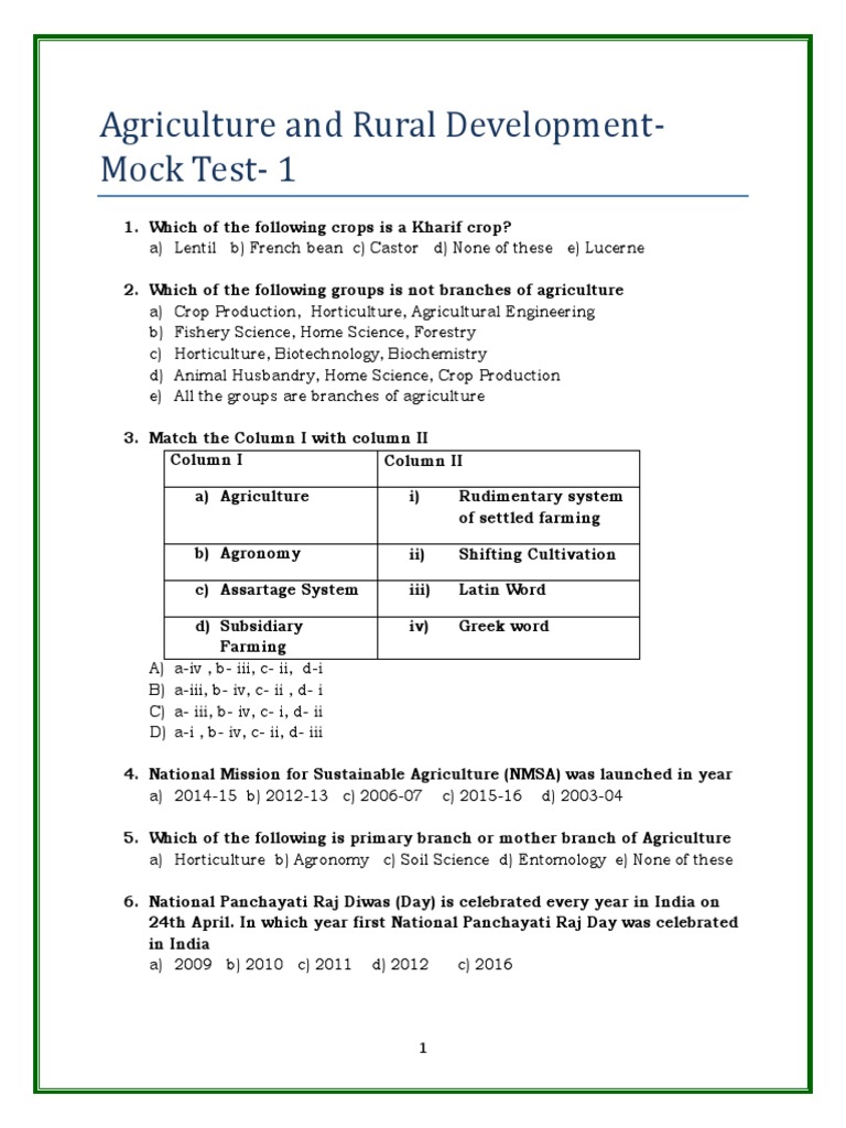 Agriculture and Rural Development Quiz | PDF | Tillage | Agriculture