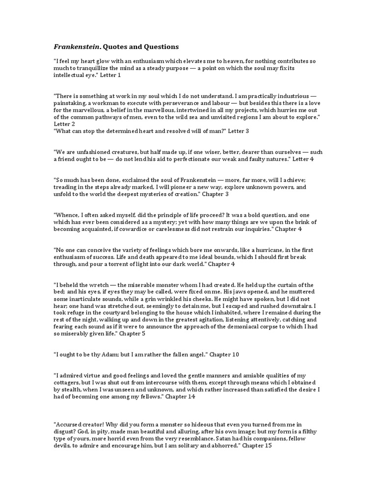 Frankenstein Quotes and Questions | PDF