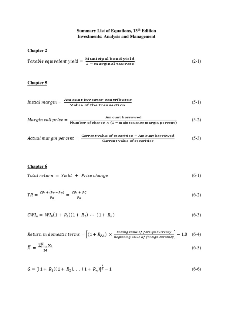 Summary List of Equations, 13 Edition Investments: Analysis and ...