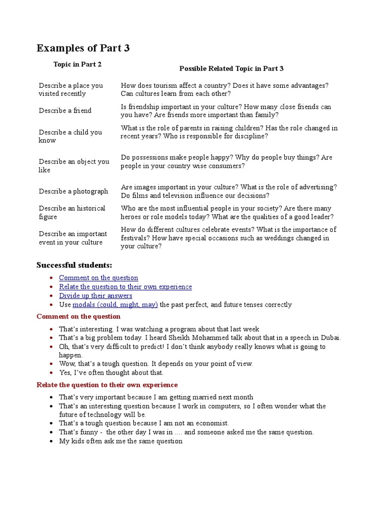 Examples of Part 3: Topic in Part 2 Possible Related Topic in Part 3 ...