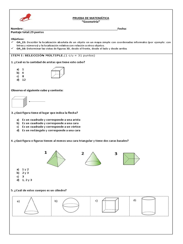 Prueba Geometria 2D y 3D 5 BASICO | PDF | Triángulo | Rectángulo