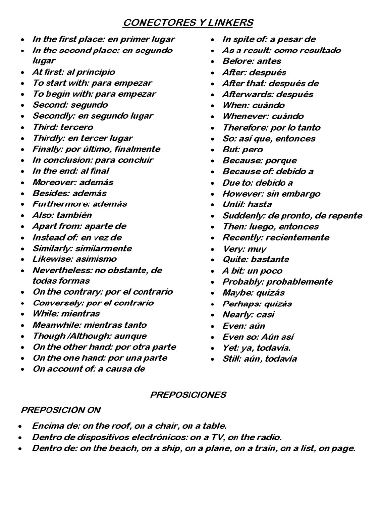 Esquema Conectores, Linkers y Preposiciones en Inglés | PDF | Naturaleza