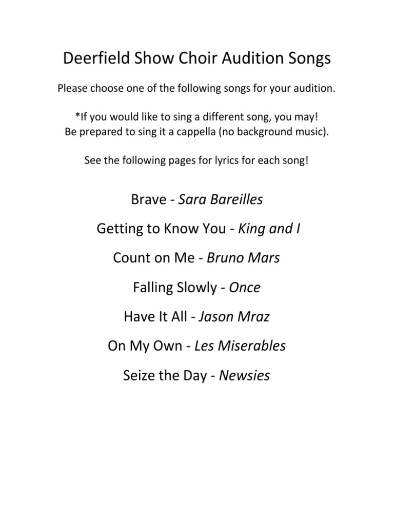 Show Choir Audition Songs 2019 | PDF | Art | Poetry
