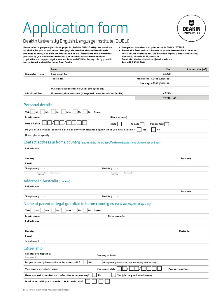 Application Form: Deakin University English Language Institute (DUELI ...