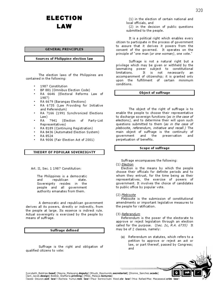 Philippine Election Law Overview | PDF | Initiative | Suffrage