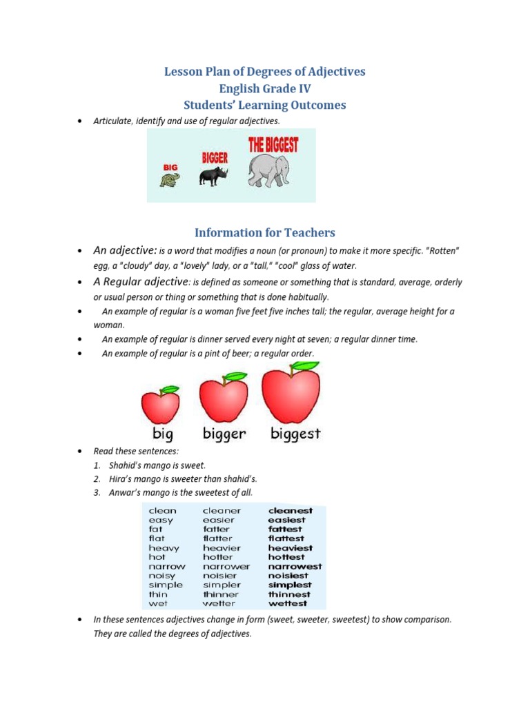 Lesson Plan of Degrees of Adjectives | PDF | Adjective | Semantics