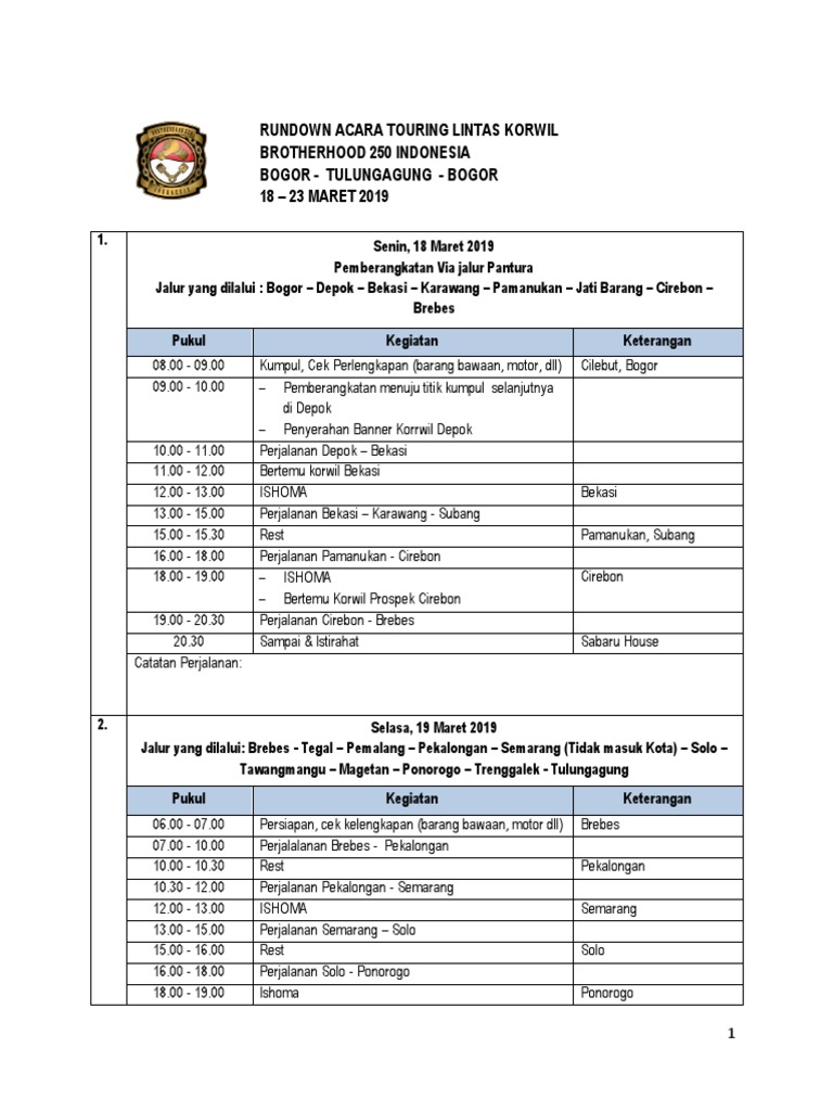 Rundown Acara Touring Lintas Korwil | PDF