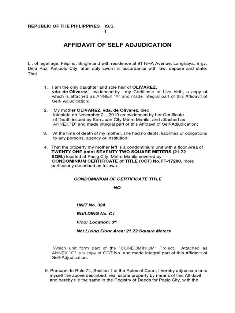 Self Adjudication Condo Unit | PDF | Affidavit | Condominium