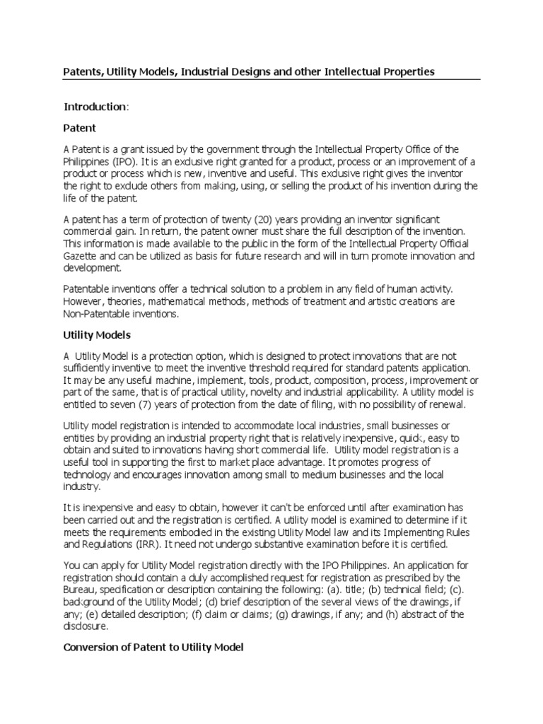 Patents, Utility Models, Industrial Designs and Other Intellectual ...