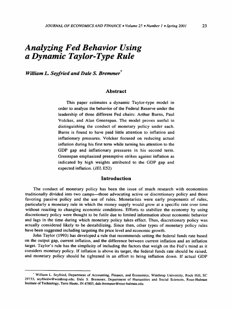 Analyzing Fed Behavior Using A Dynamic Taylor-Type Rule | PDF | Taylor ...