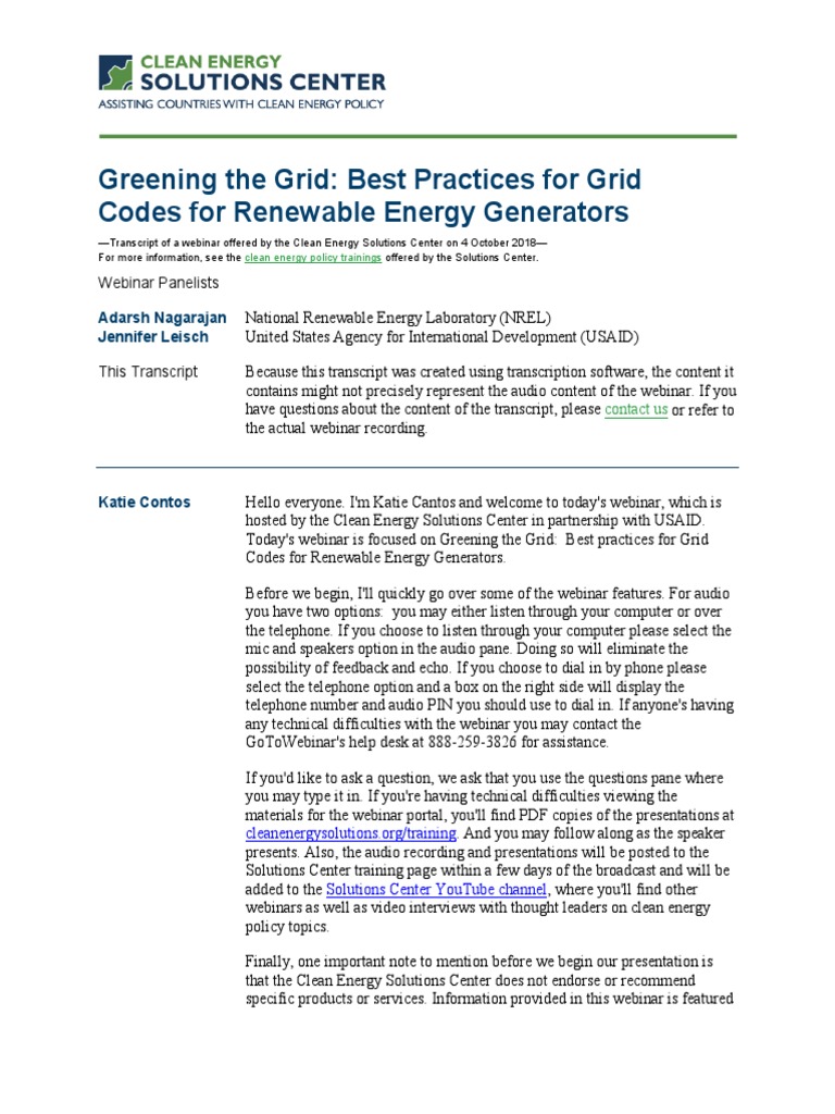Greening The Grid: Best Practices For Grid Codes For Renewable Energy ...