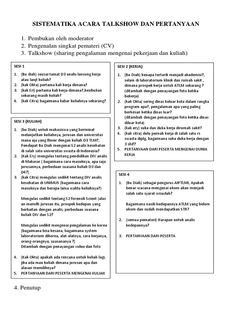 Sistematika Acara Talkshow Dan Pertanyaan | PDF