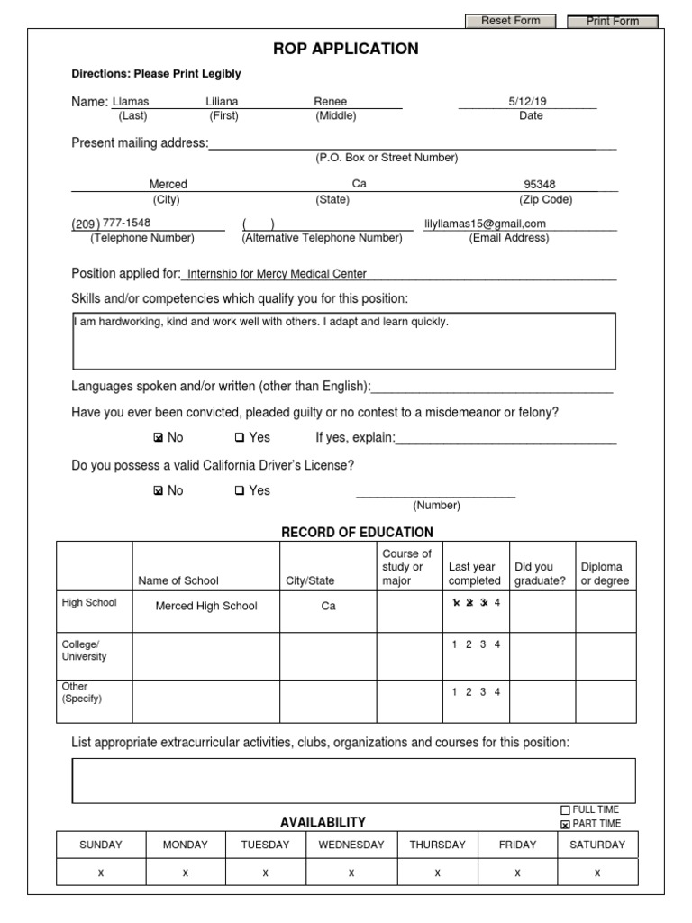 ROP Application Form Template | PDF