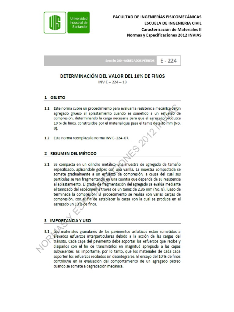 Norma de Ensayo 224 INVIAS 2012 PDF | PDF | Estereotipos | Ingeniería