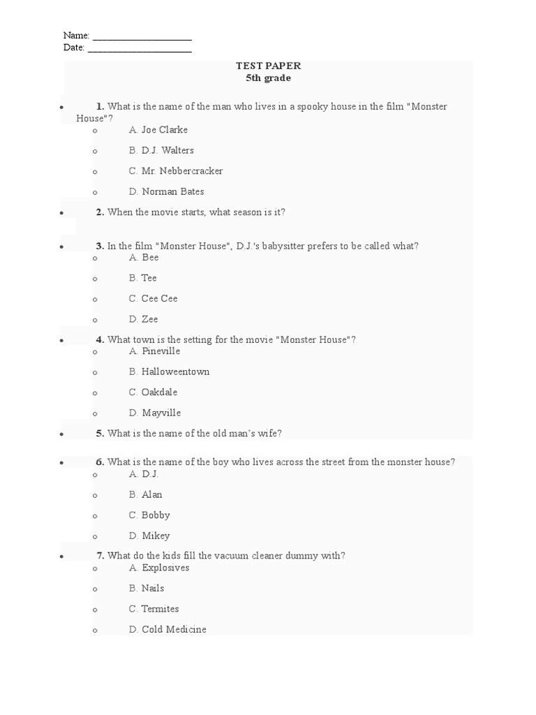 Test Paper 5th Grade 1.: A. B. C. D | PDF