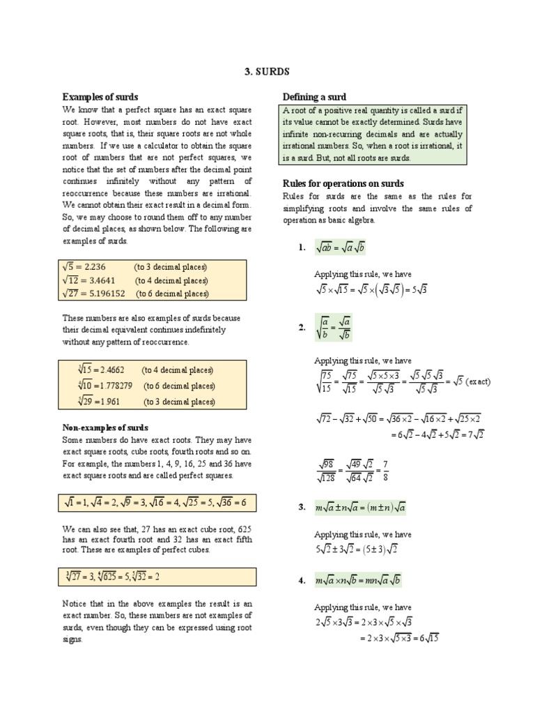 Examples of Surds Defining A Surd | PDF | Fraction (Mathematics ...