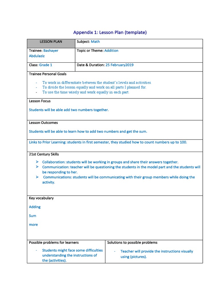 Appendix 1: Lesson Plan (Template) | Download Free PDF | Lesson Plan ...