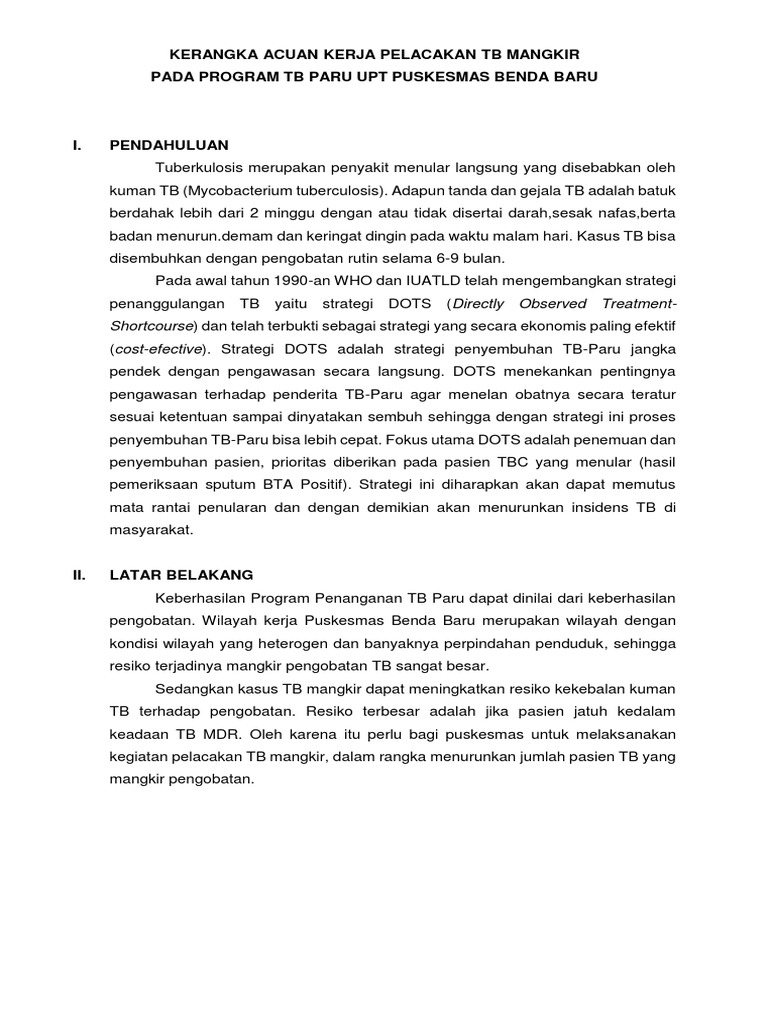 KAK Kegiatan Pelacakan TB Mangkir Tahun 2018 | PDF