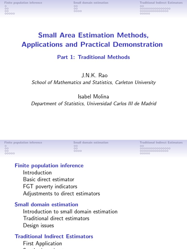 Small Area Estimation Methods, Applications and Practical Demonstration | PDF | Estimator | Mean ...