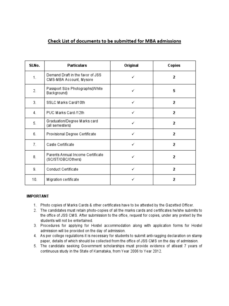 CheckList Documents For Admissions | PDF