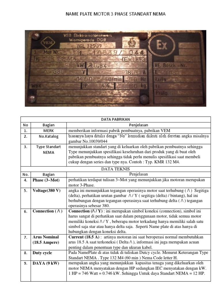 Name Plate Motor 3 Phase Standart Nema | PDF