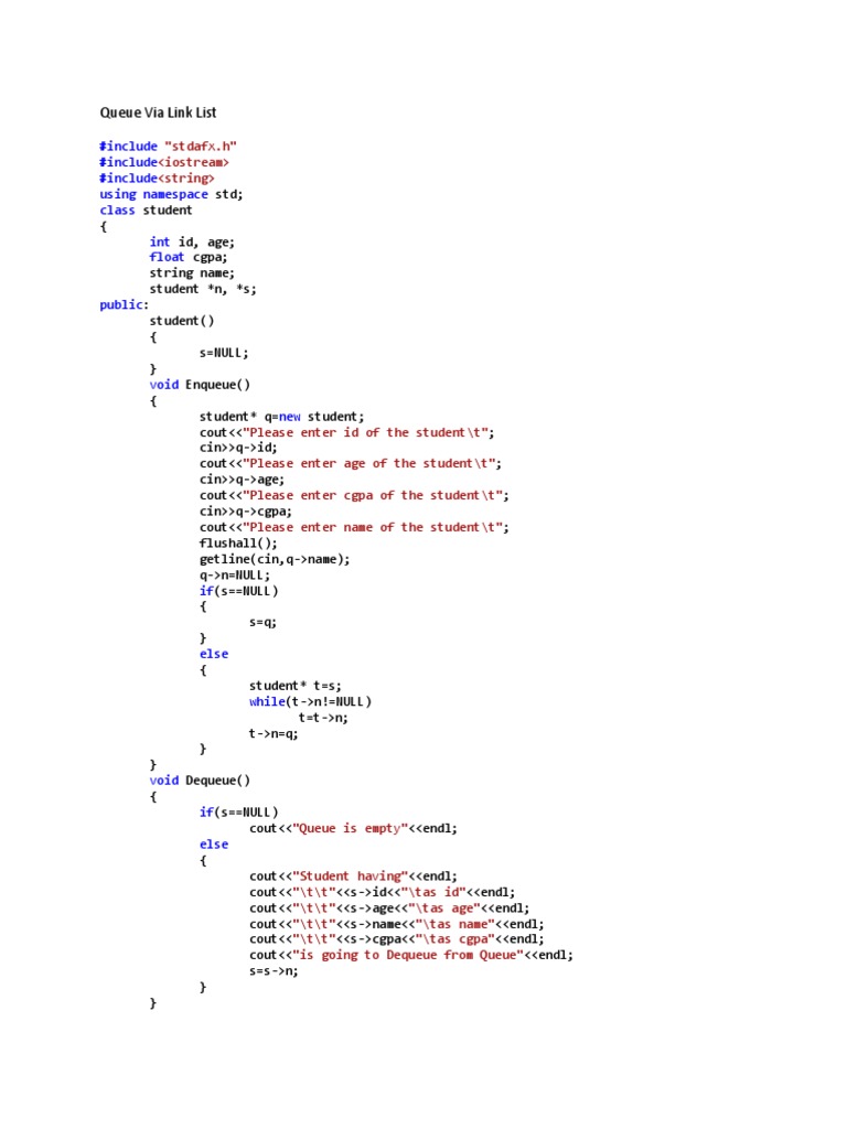 Queue Via Link List Include Include Include Using Namespace Class Int Float Pdf Queue 