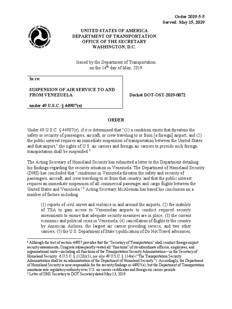 Docket DOT-OST-2019-0072 (Order 2019-5-5) - Suspension of Air Service ...