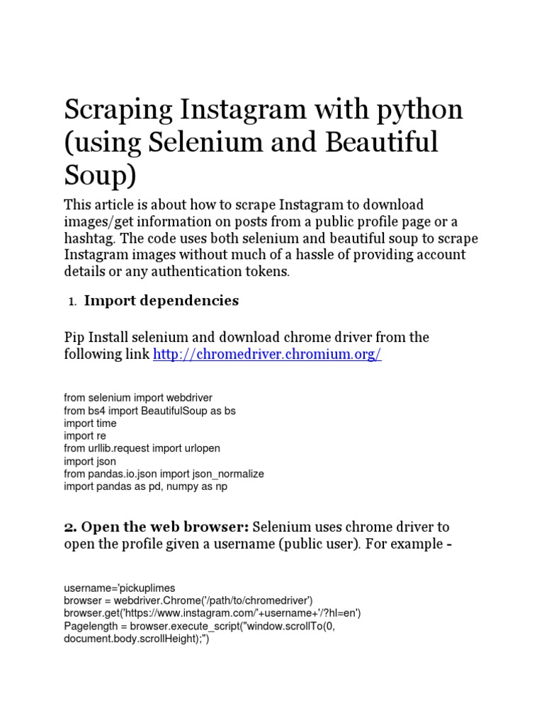 Scraping Instagram With Python | PDF | Parsing | Selenium (Software) Scraping Instagram With Python | PDF | Parsing | Selenium (Software)