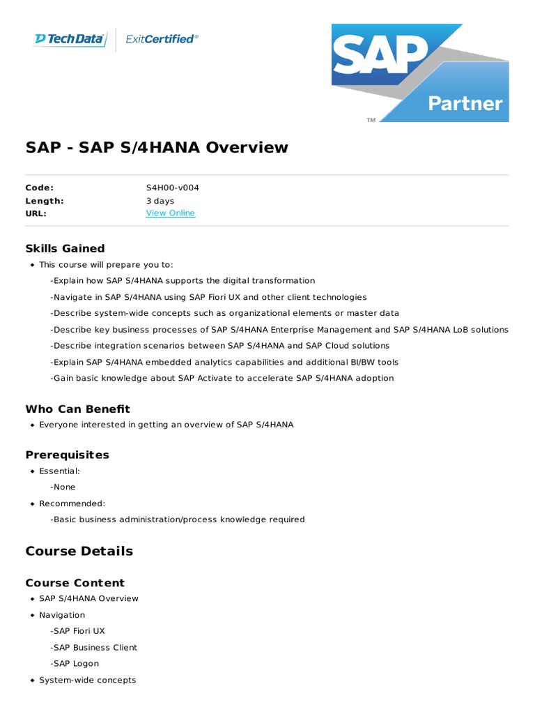 SAP - SAP S/4HANA Overview: Skills Gained | PDF