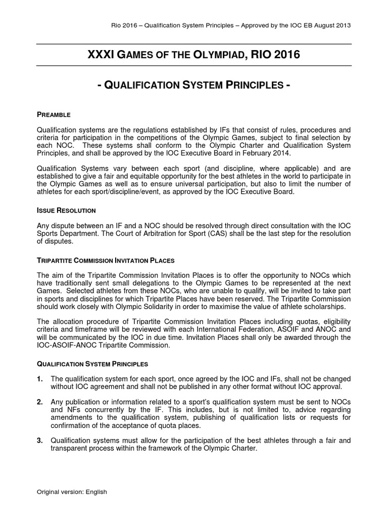 IOC Qualification Principles for Rio 2016 | PDF | Olympic Games | Sports