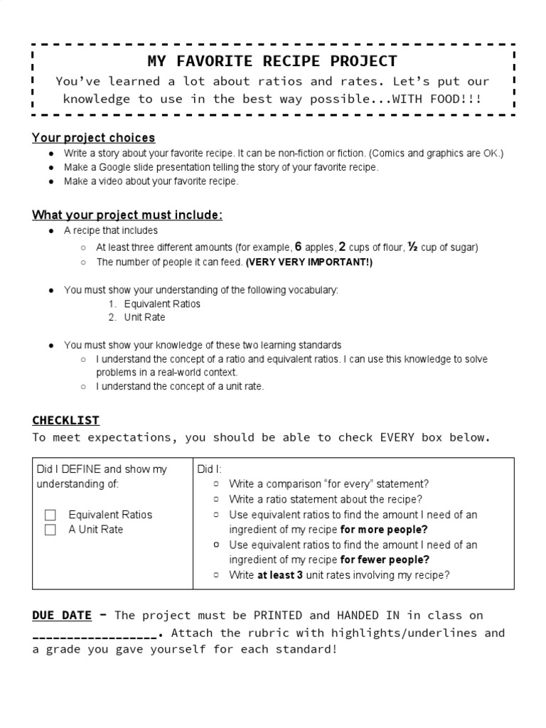 2018-2019 - Recipe Ratio and Rate Project Sheet | PDF | Ratio | Rubric ...