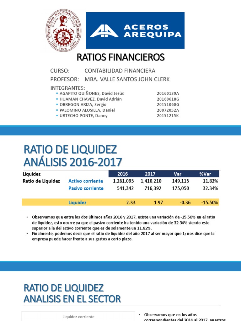 Ratios Financieros: Curso: Contabilidad Financiera Profesor: Mba. Valle ...