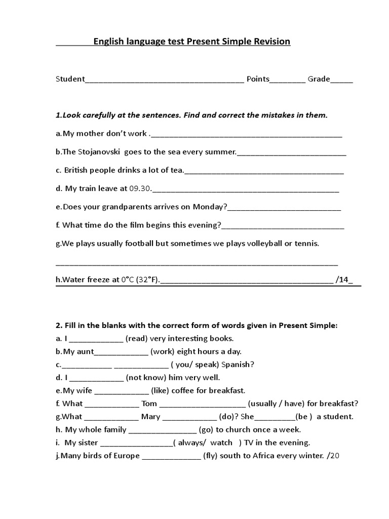 English Language Test Present Simple Revision 17.02.2019 | PDF ...
