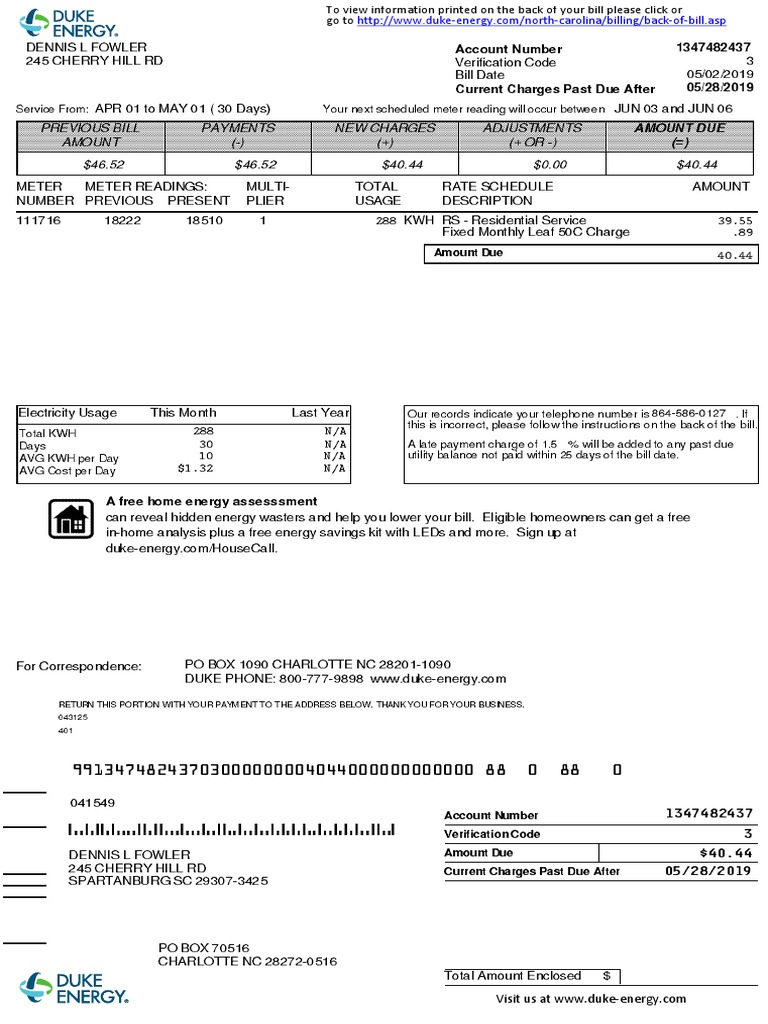 Duke Energy Bill Sample and Payment Info | PDF | Electricity | Electric ...