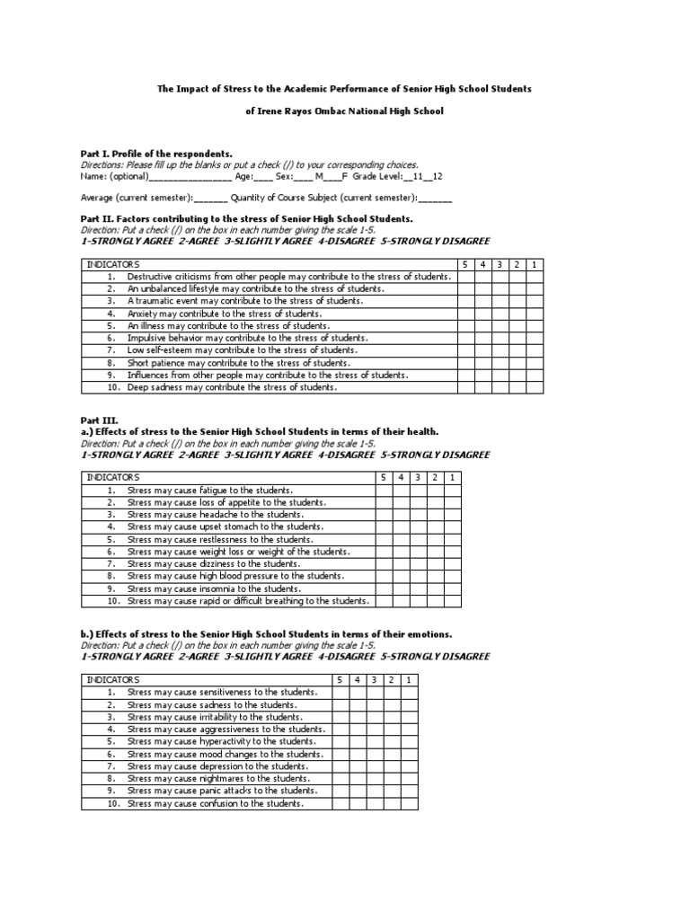 Questionnaire On Practical Research | PDF | Stress (Biology) | Anxiety