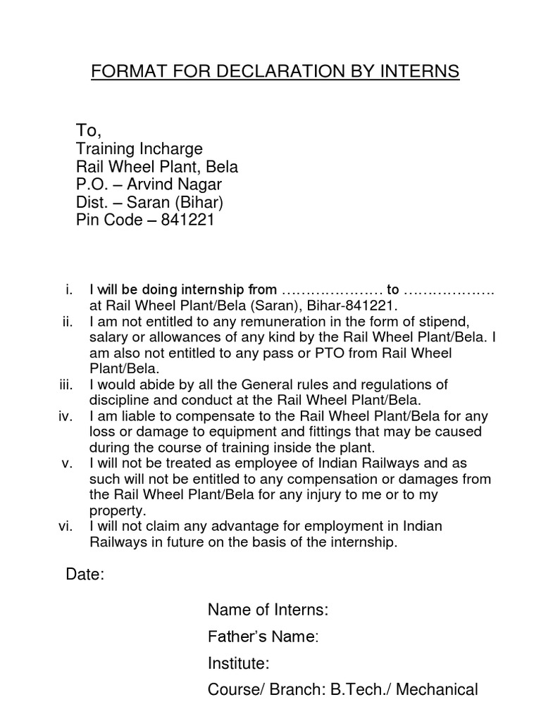 Internship Declaration Format for Railways | PDF