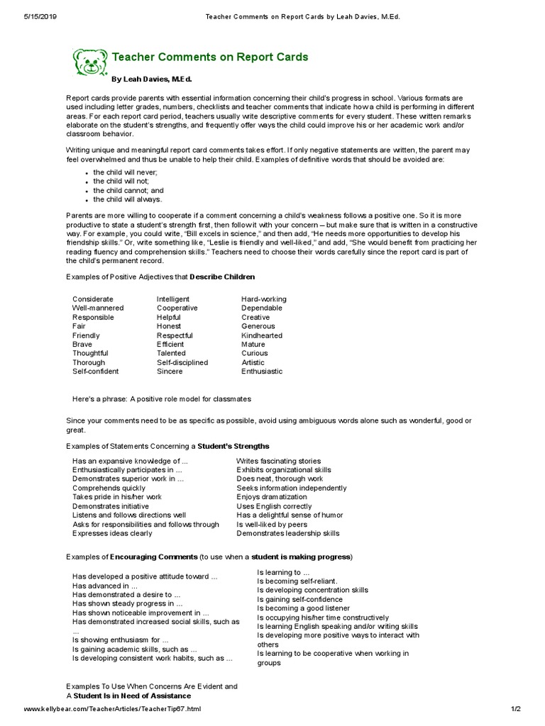 Positive Report Card Comments Guide | PDF | Motivation | Motivational
