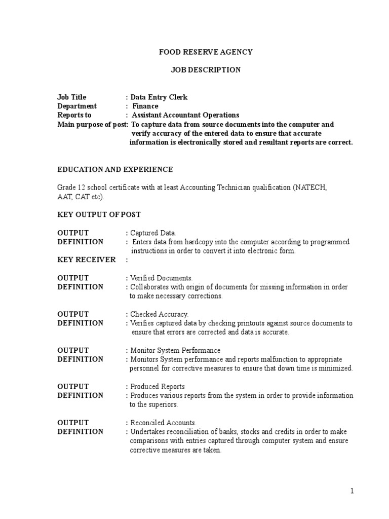 JD Data Entry Clerk | PDF | Data | Accuracy And Precision