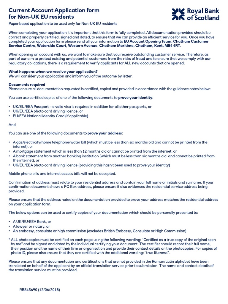 Current Account Application Form For Non-UK EU Residents | PDF | Money ...