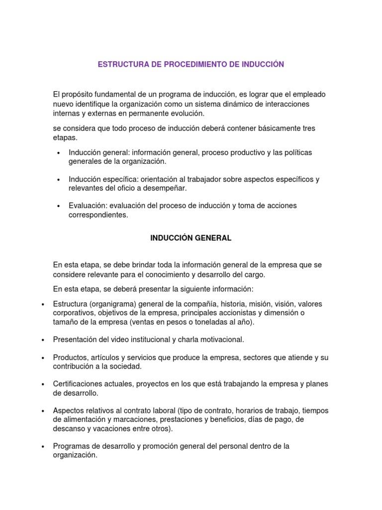 Estructura de Procedimiento de Inducción | PDF | Gestión de recursos ...