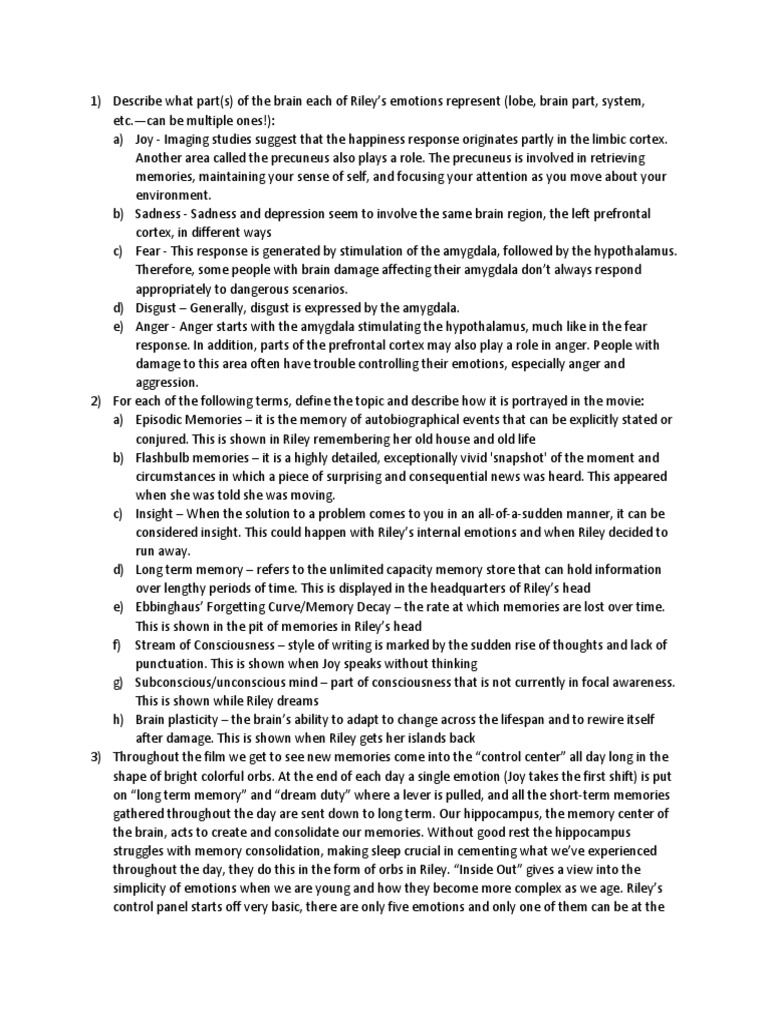 Inside Out Worksheet | Memory | Amygdala