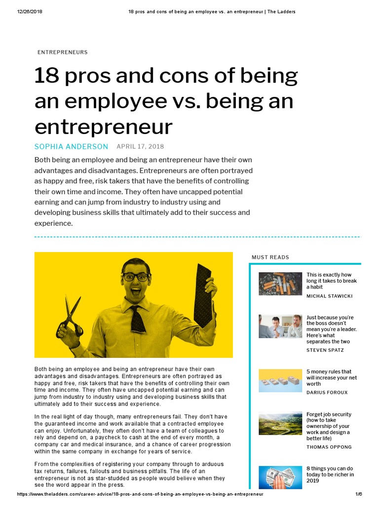 18 Pros And Cons Of Being An Employee Vs An Entrepreneur The Ladders